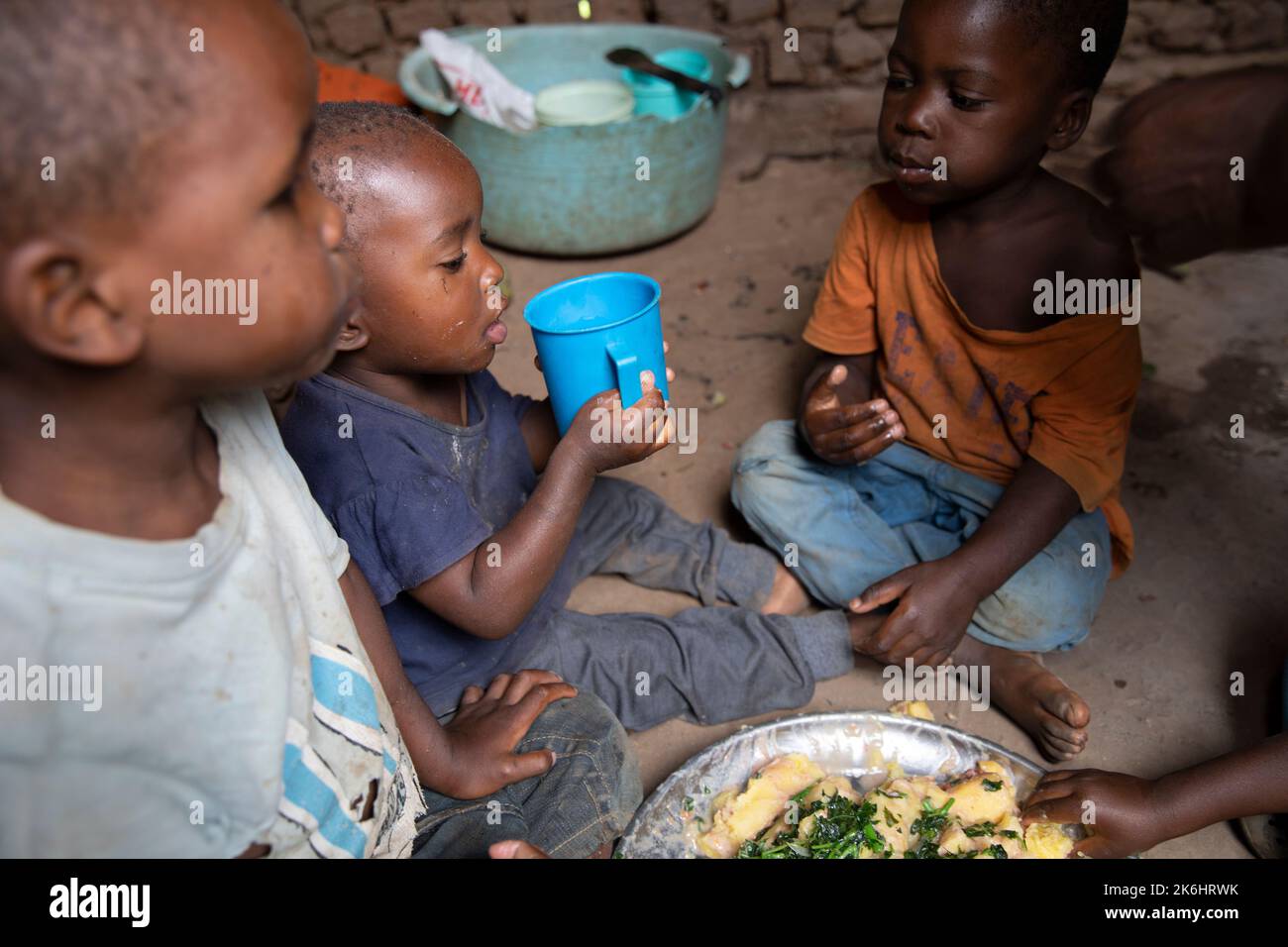 A group of African children eat a meal of starchy bananas and greens ...