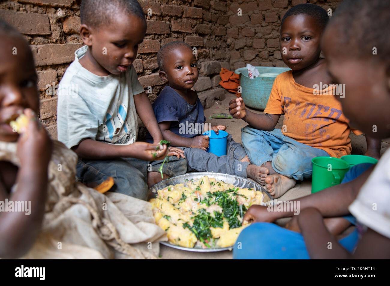 A group of African children eat a meal of starchy bananas and greens ...