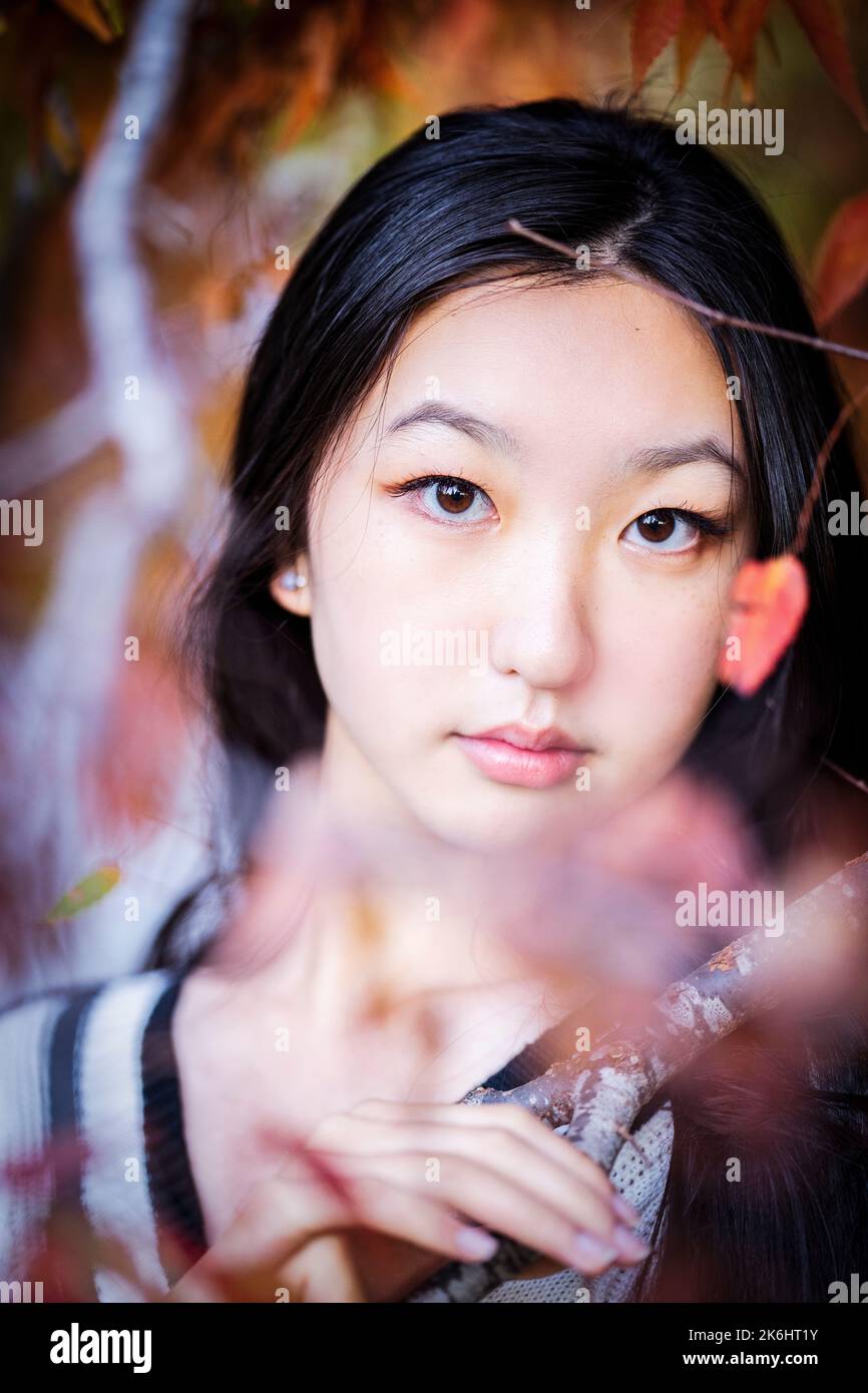Fall Colors | Portrait of a Slender Young Woman Standing Under a Maple ...