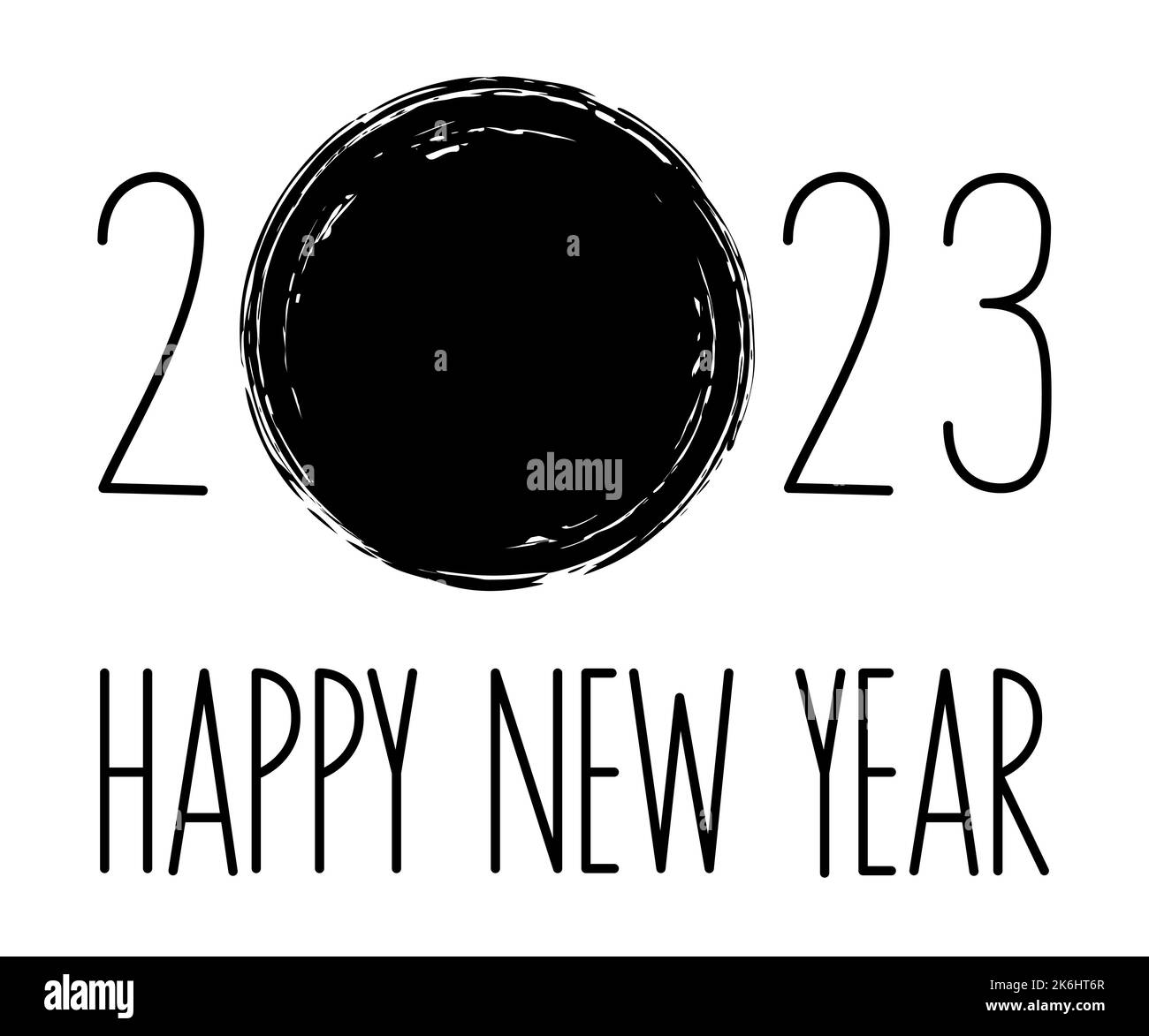 Hand drawn Happy New Year lettering with year 2023 and black ink circle ...