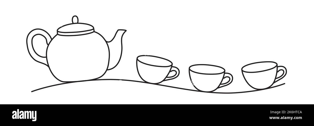 Teapot and three tea cups banner hand drawn with thin line. Vector ...