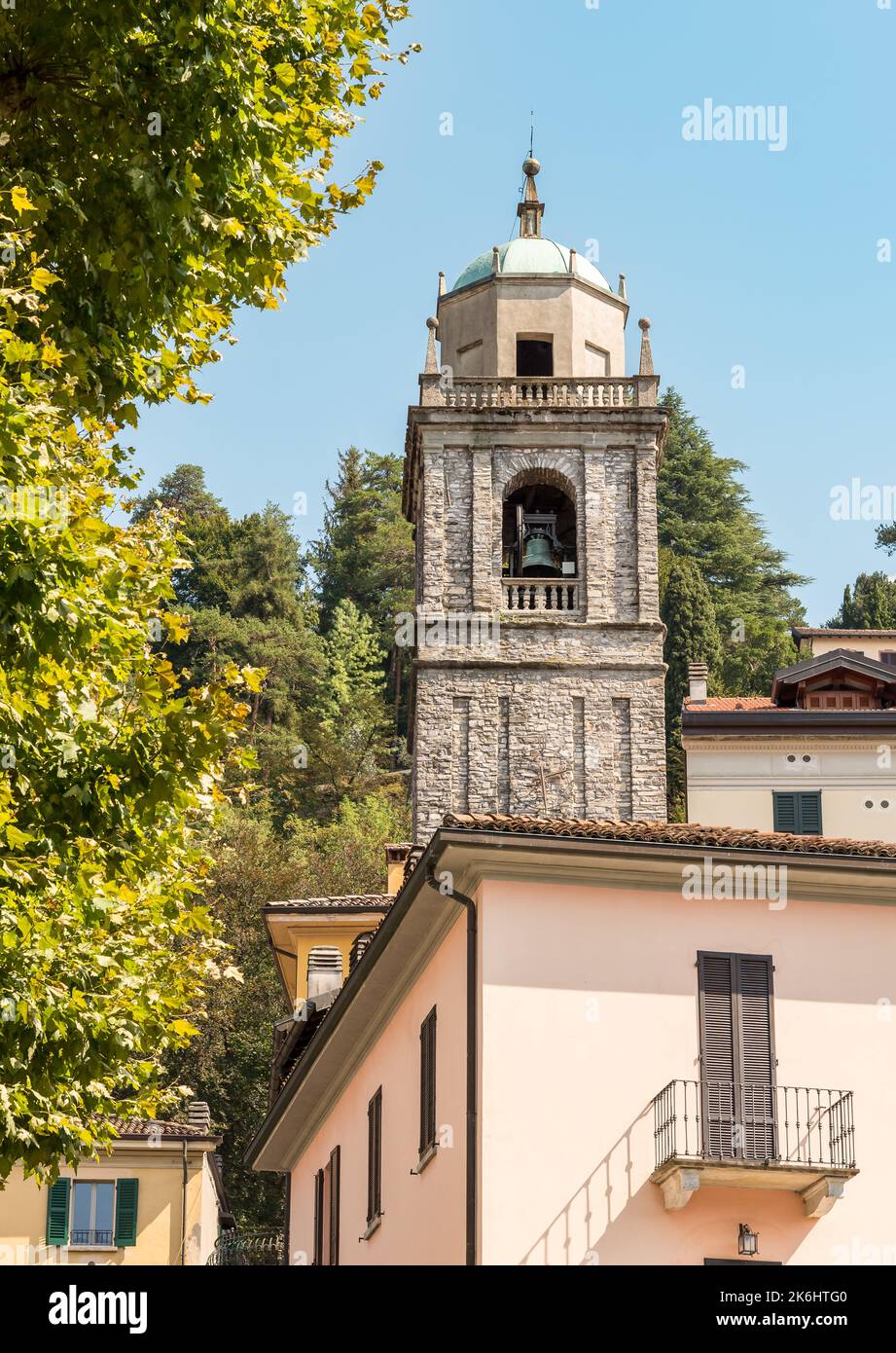 View of the bell tower of the San Giacomo church in Bellagio, on Lake ...