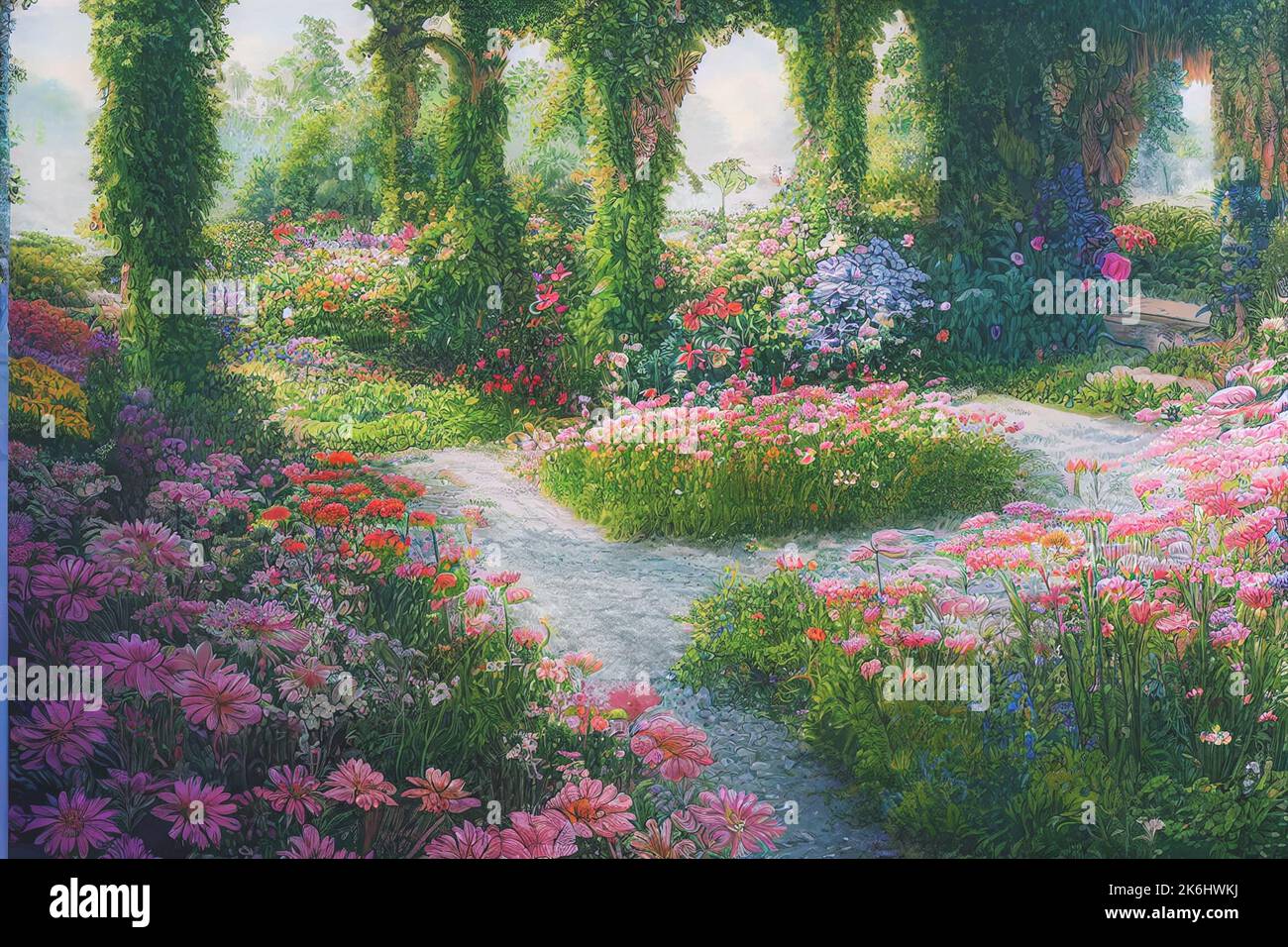 Park along the spring path through a lovely garden landscape. Floral ...