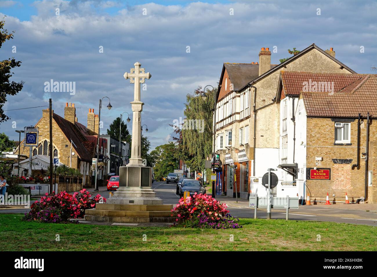 The War Memorial and the High Street at Shepperton on an sunny autumnal ...