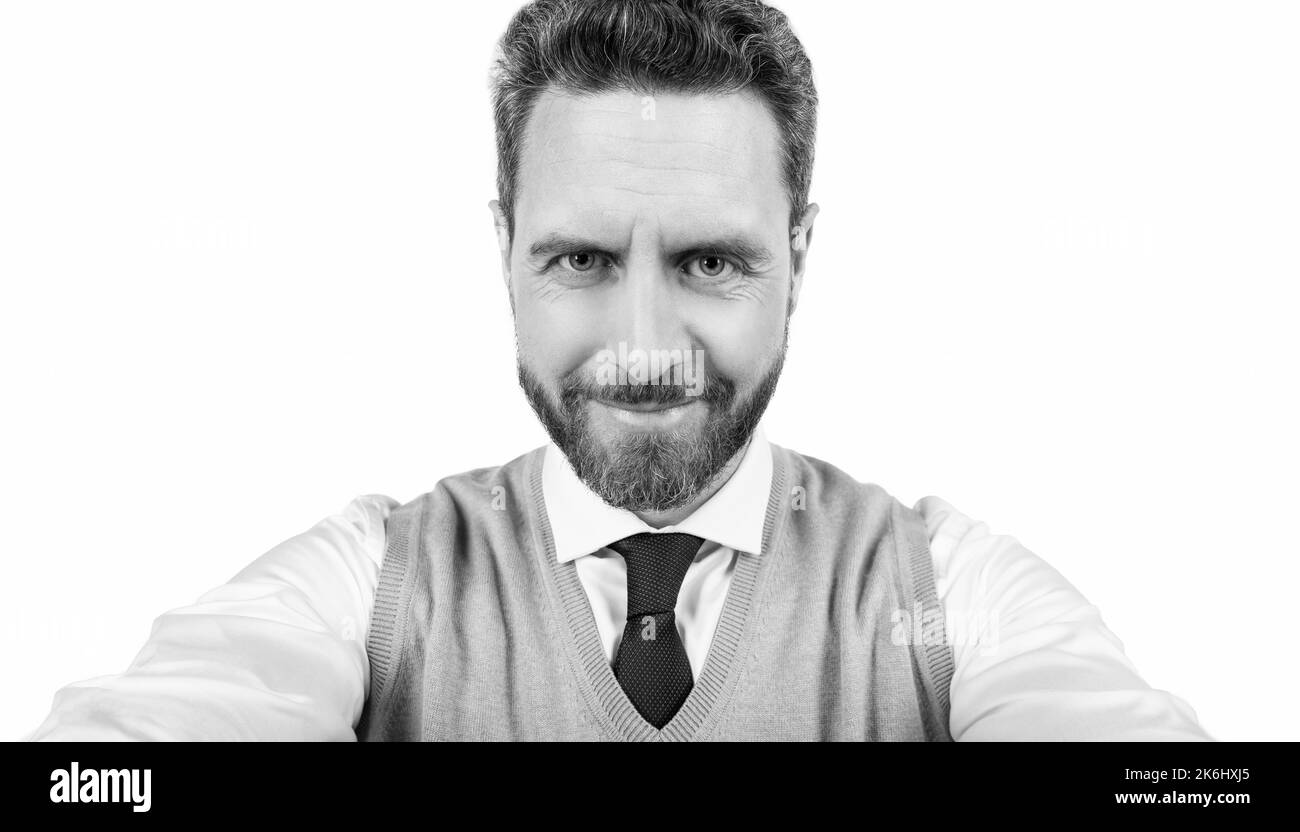 Smiling Mature Guy In Formalwear Making Selfie Isolated On White