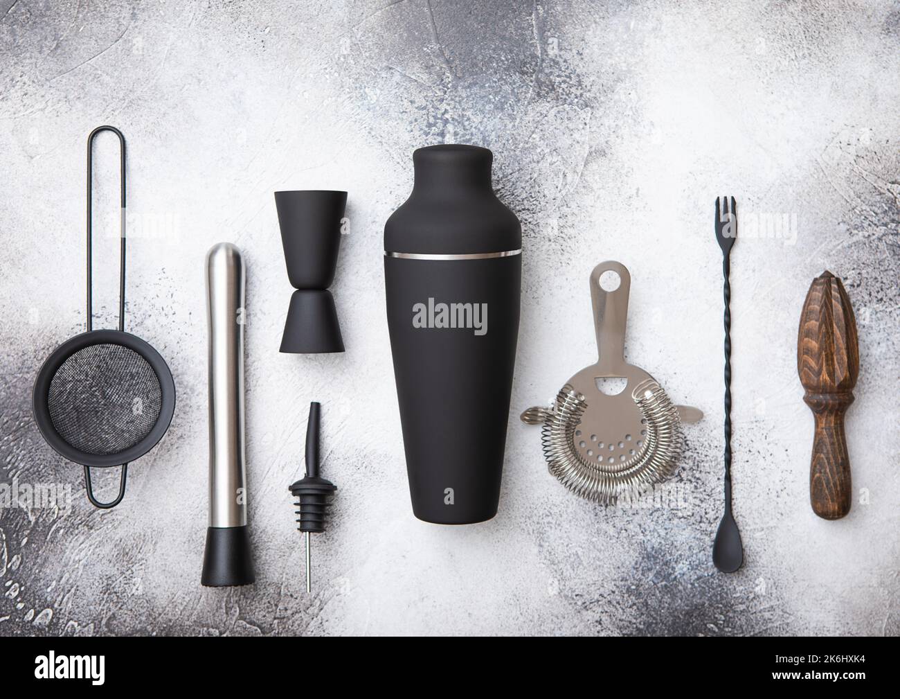 Black and stainless steel shaker,pourer,spoon,strainer,muddler and ...