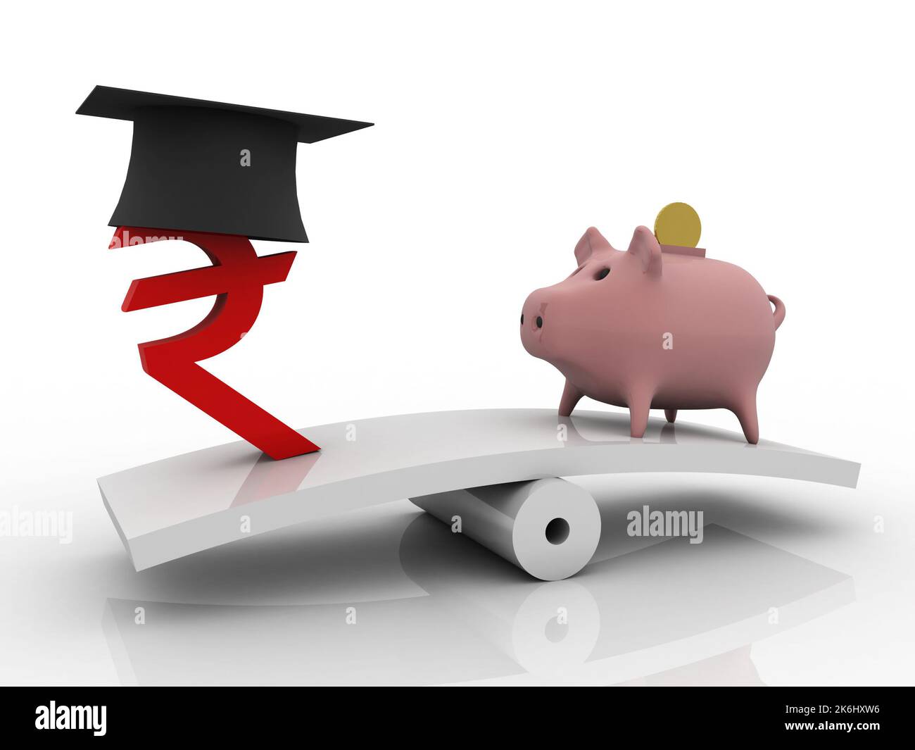 3D illustration graduate cap on Rupee currency sign balancing piggy ...