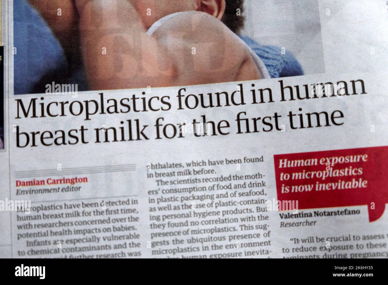 'Microplastics found in human breast milk for the first time' Guardian newspaper headline ...