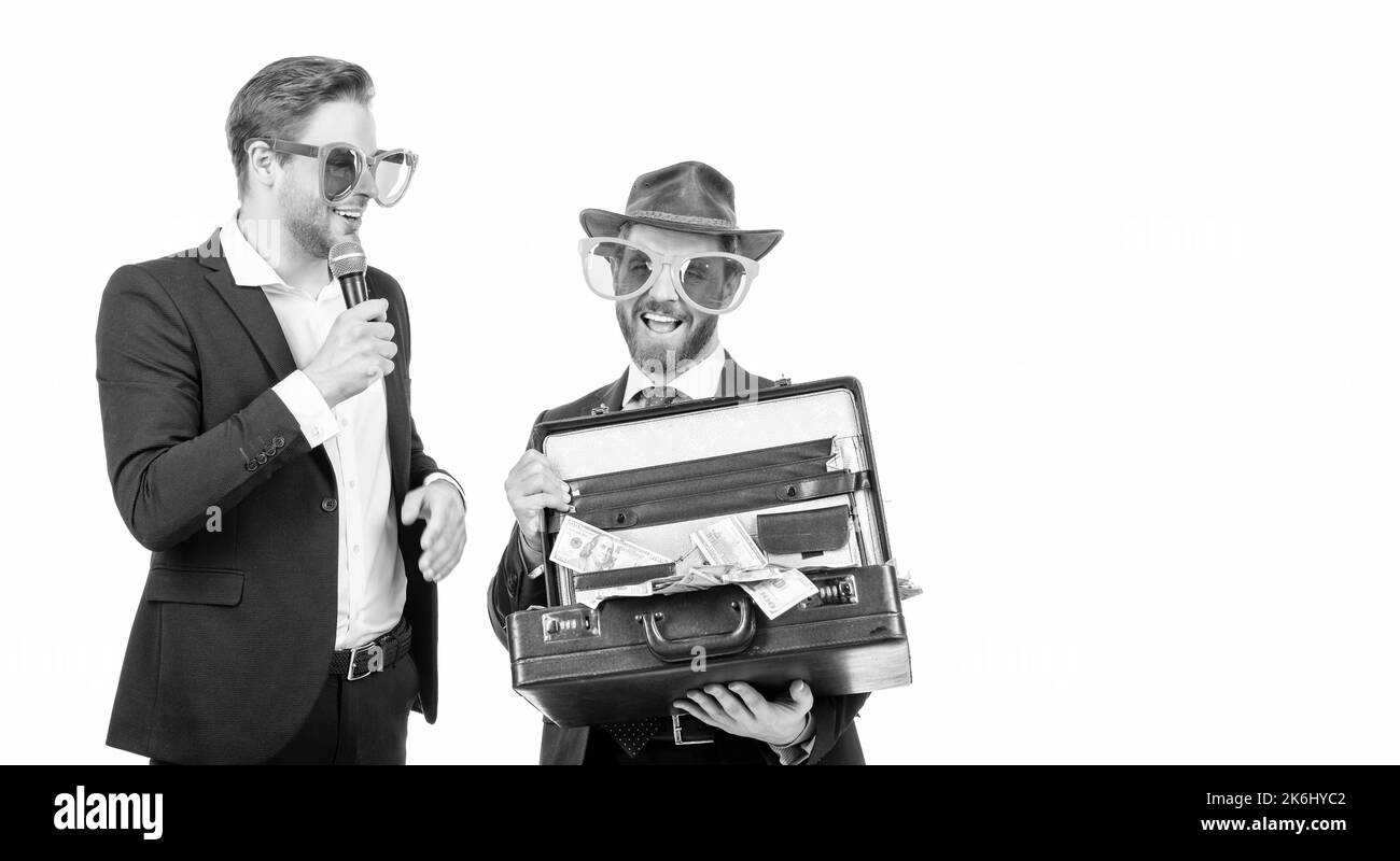 Welcome sponsor. Showman interview sponsor with money suitcase ...