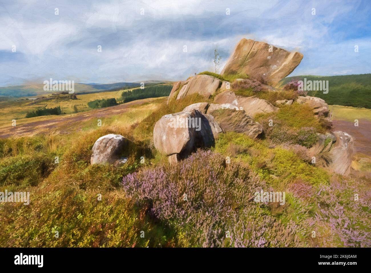 Digital abstract oil painting of purple heather in bloom during summer ...