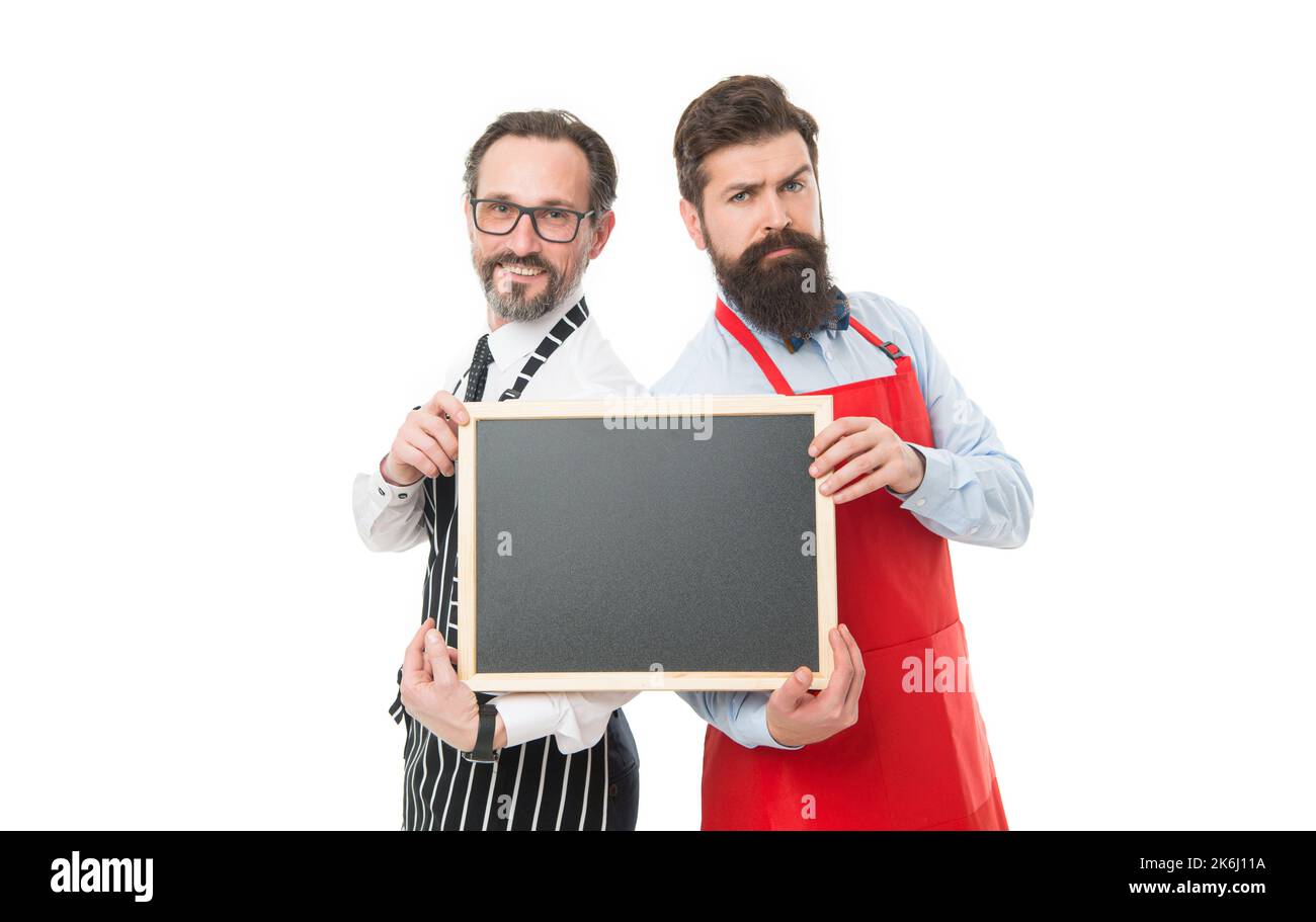 Men bearded bartender in apron hold blank chalkboard. Bartender with ...