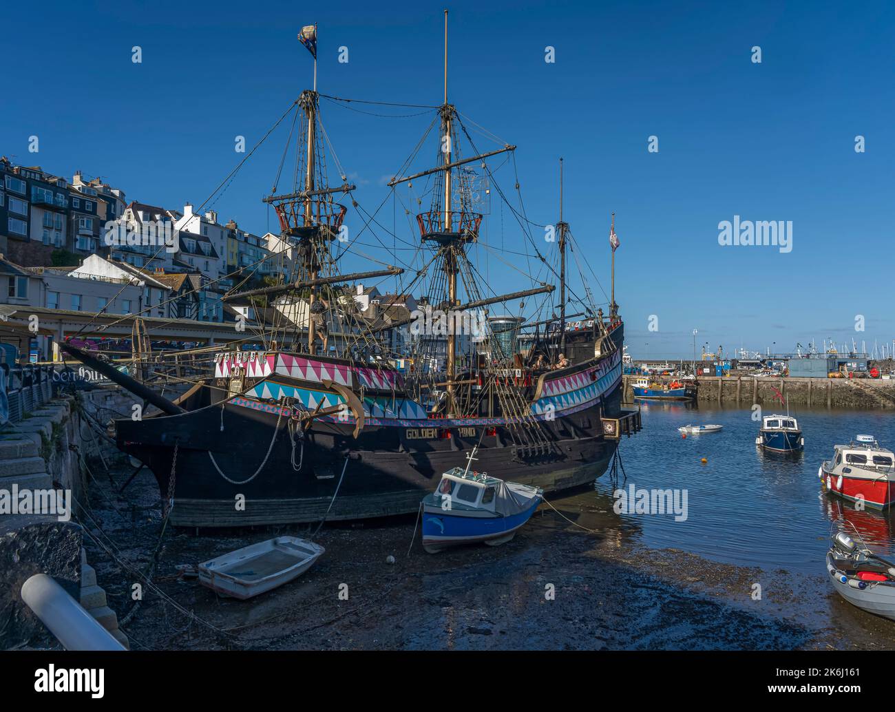 Golden Hind replica ship in Brixham Harbour, Devon Stock Photo - Alamy