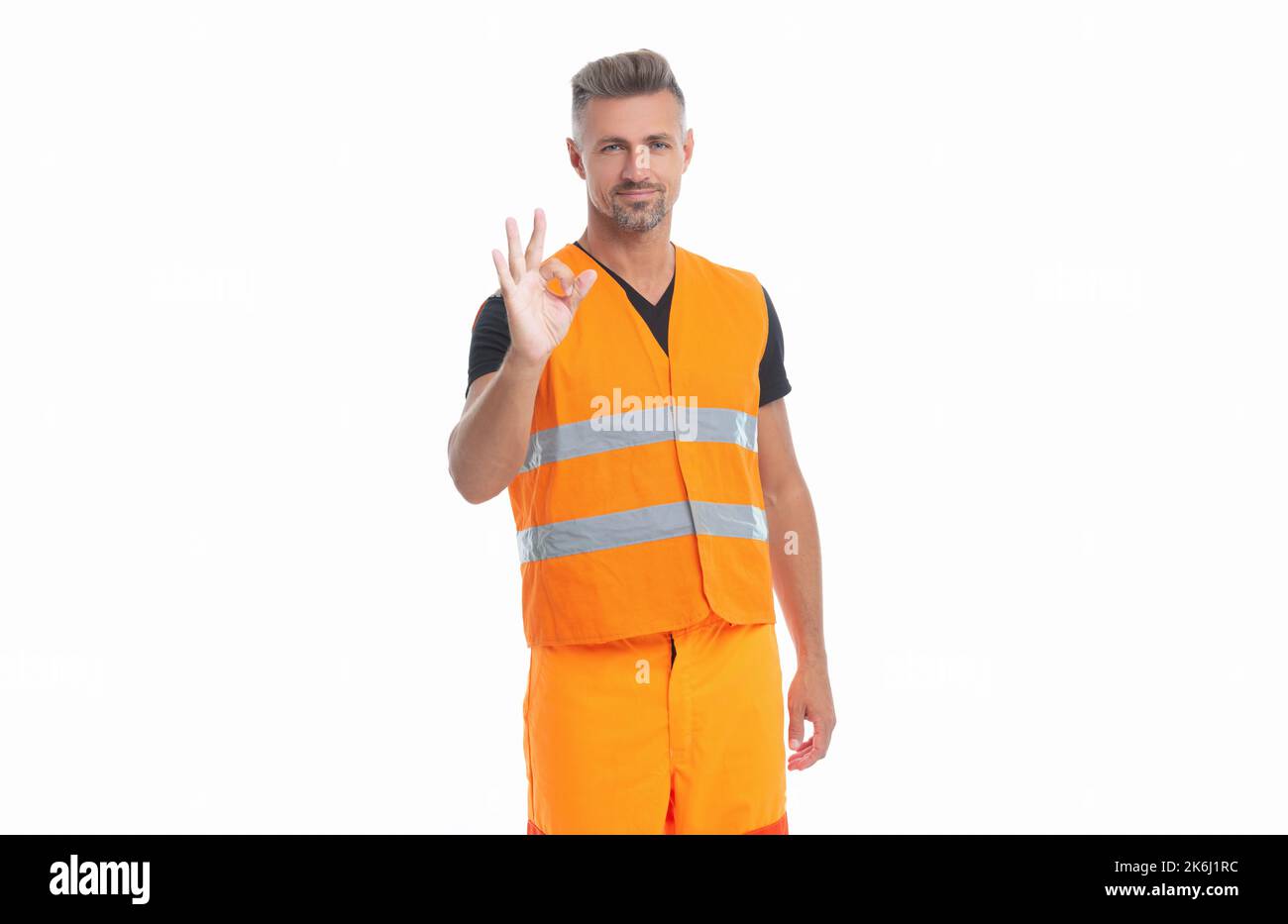 mature man worker show ok gesture isolated on white. worker man in ...