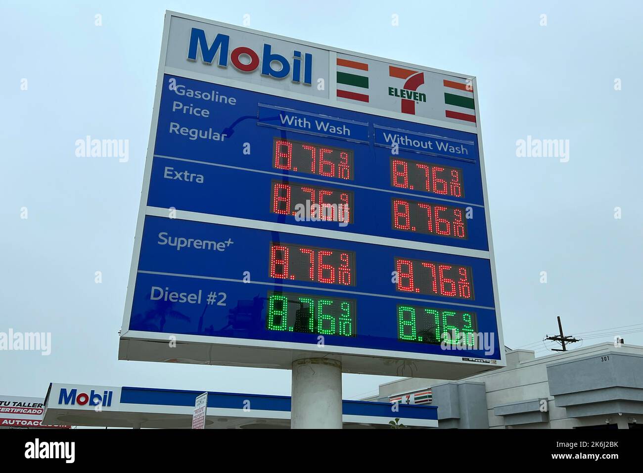 Gasoline prices of $8.76 per gallon are displayed at Mobil 7-Eleven gas ...