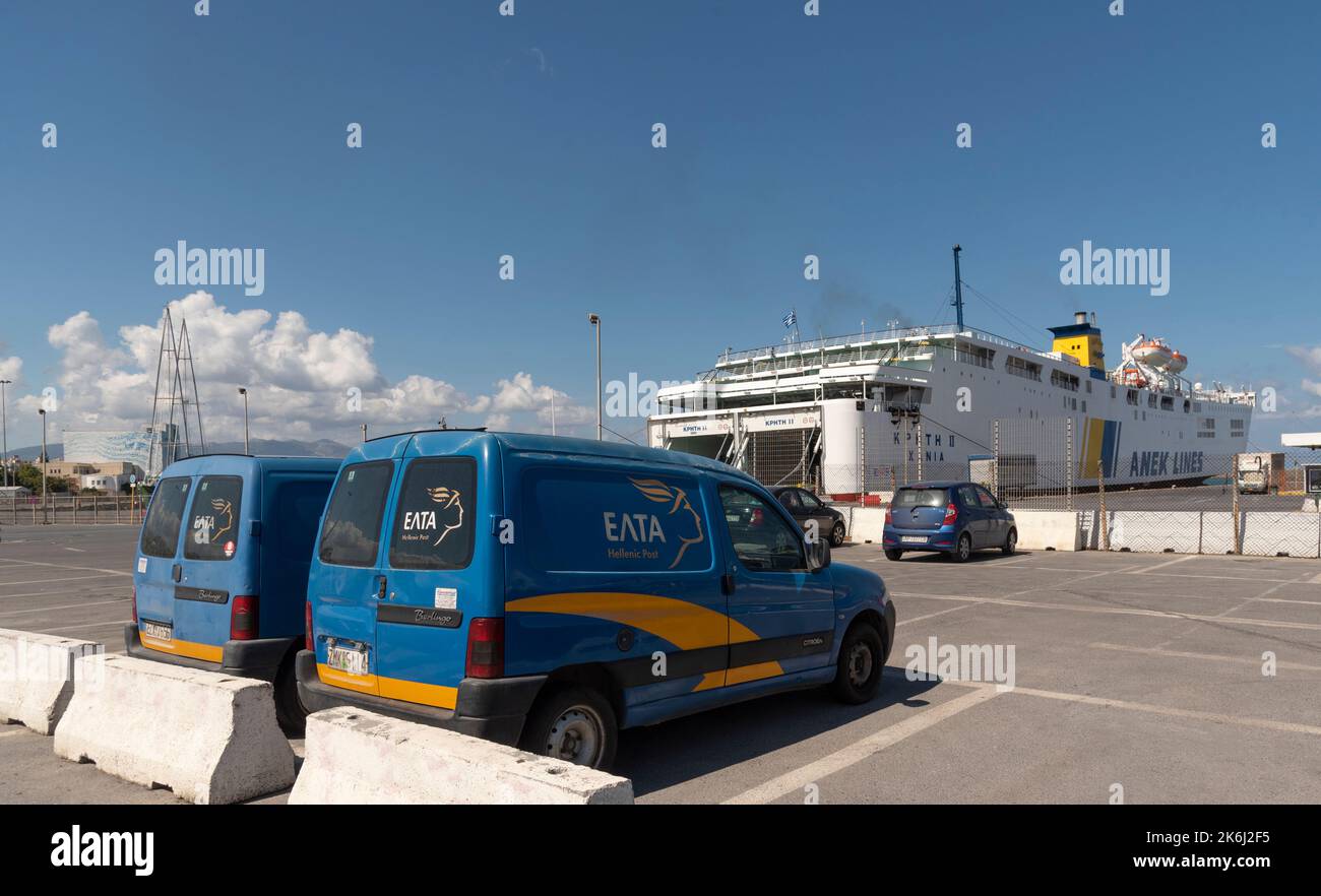 Heraklion, Crete, Greece.2022. Greek postal service vans at the ferry ...
