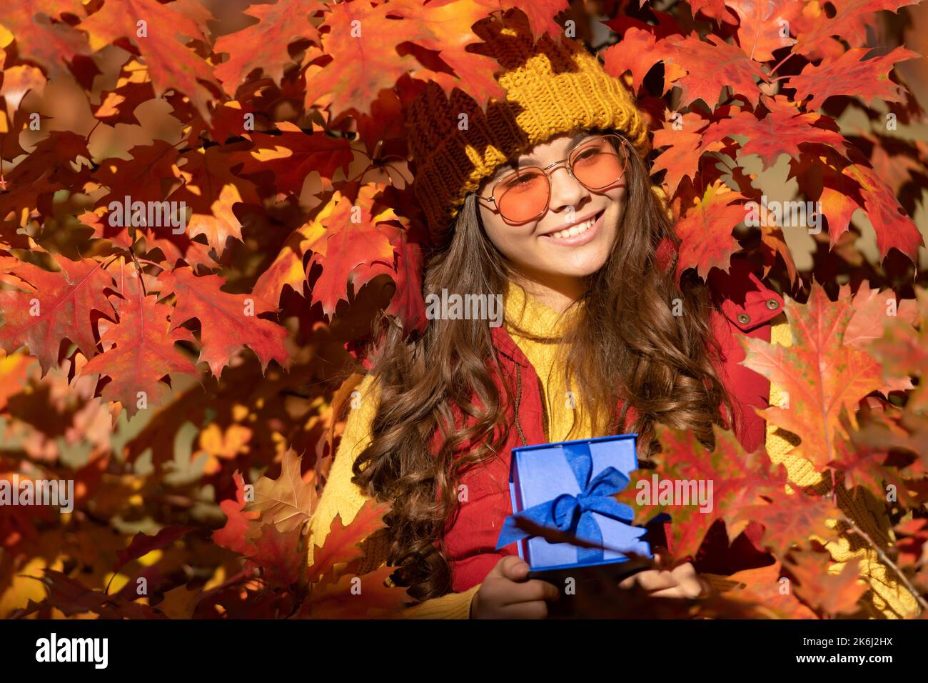 Autumn kid girl face on autumn fall leaf background. smiling child with ...