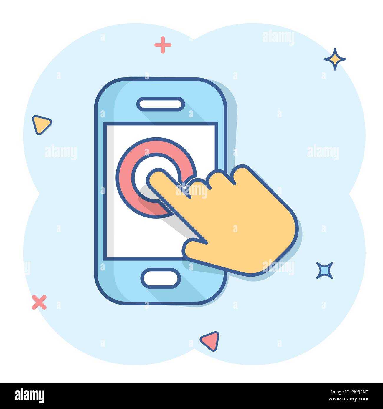 Hand touch smartphone icon in comic style. Phone finger vector cartoon ...