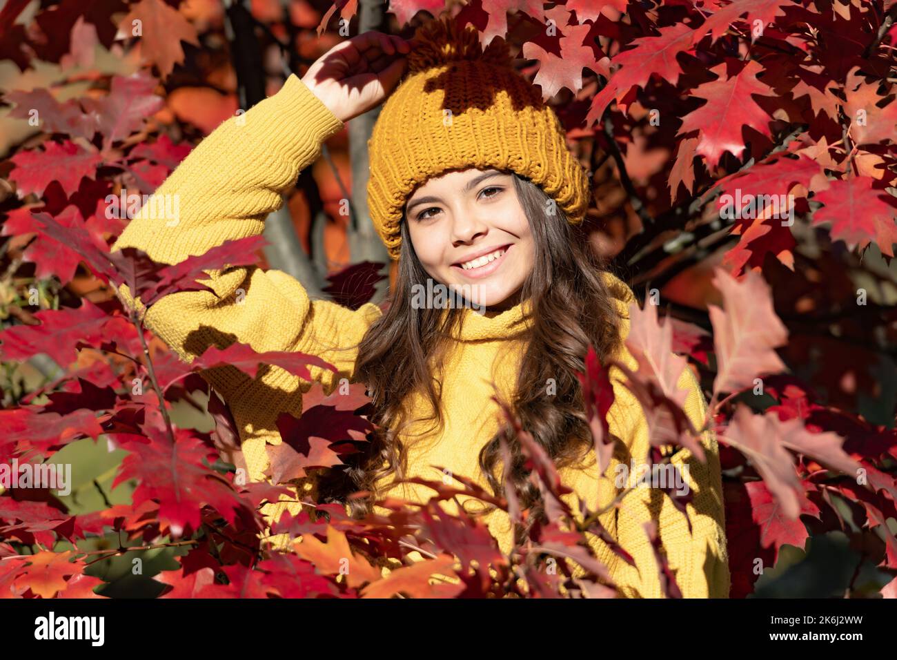 Child teen girl in autumn fall park outdoor, autumn fun kids face ...