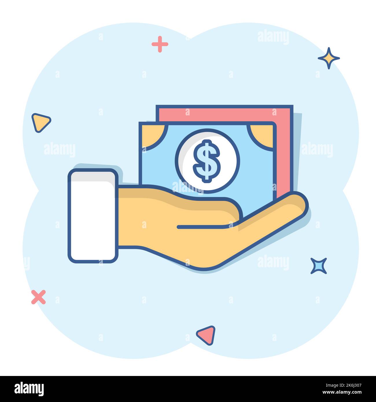Remuneration icon in comic style. Money in hand cartoon vector ...