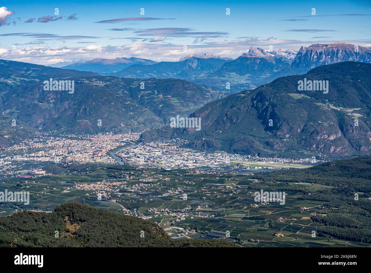 View of the city of Bolzano and the Alps, Adige Valley, South Tyrol ...
