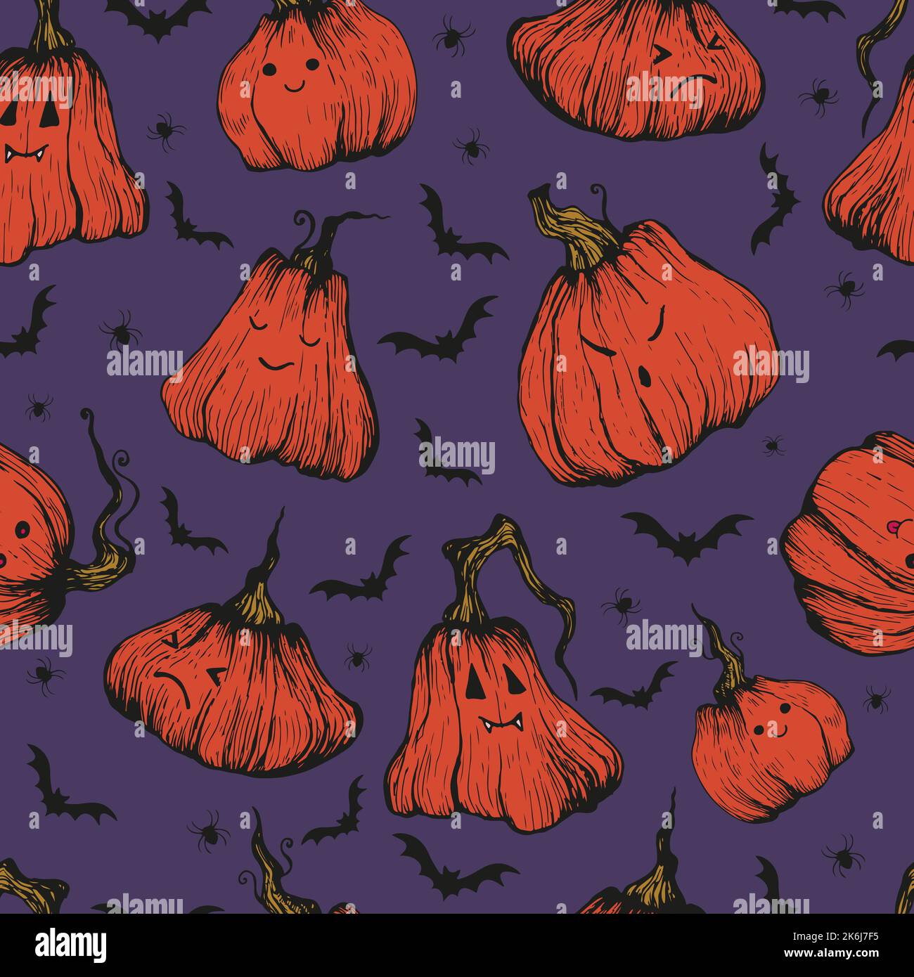 Pumpkins and bats, spiders Happy Halloween seamless pattern in vintage ...