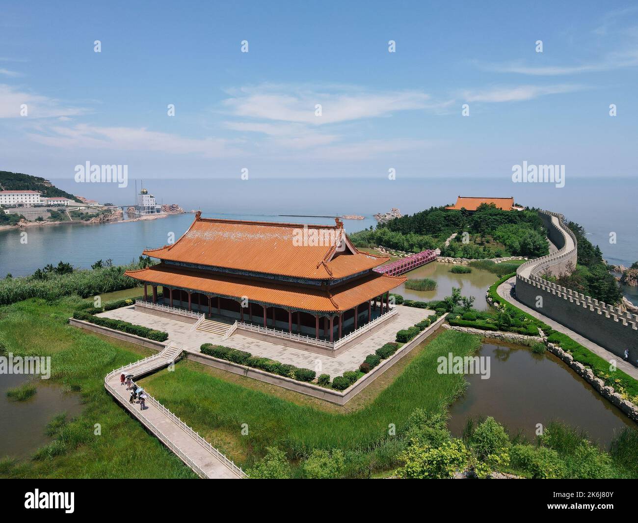 Aerial View of Buddhist Temple and the Pacific Ocean at Chengshantou Resort, Weihai, Shandong ...