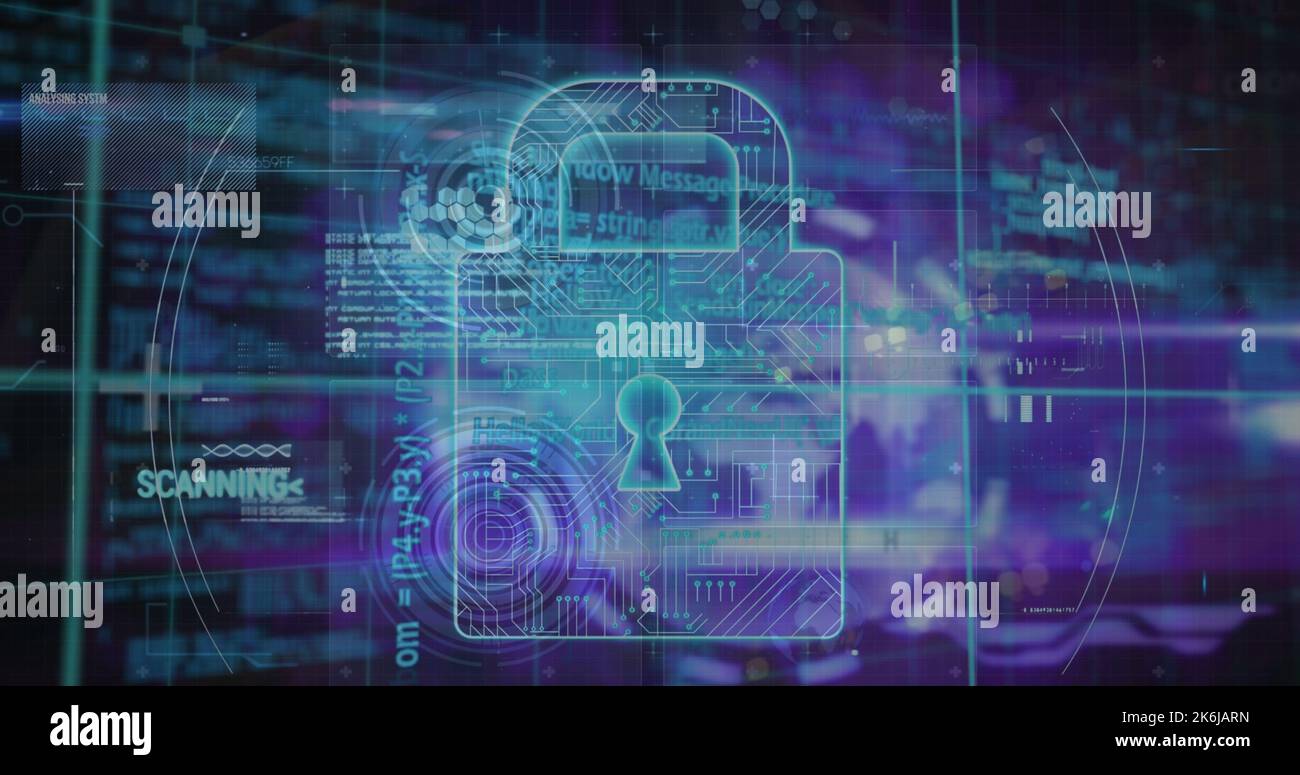 Illustration of circuit board patterned padlock over infographic ...