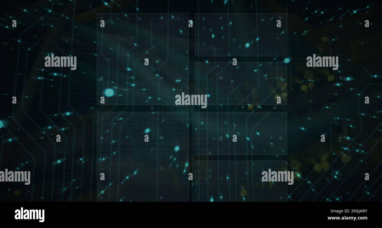 Illustration of dots over circuit board pattern and geometric shapes against abstract background ...