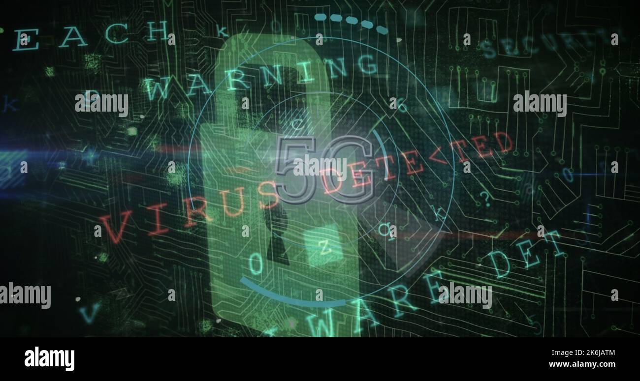 Illustration of 5g and multiple texts over padlock against circuit ... Illustration of 5g and multiple texts over padlock against circuit ...