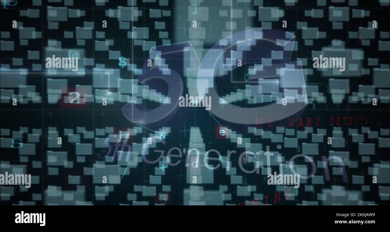 Illustration of 5g, 5th generation text over floating computer folders ...