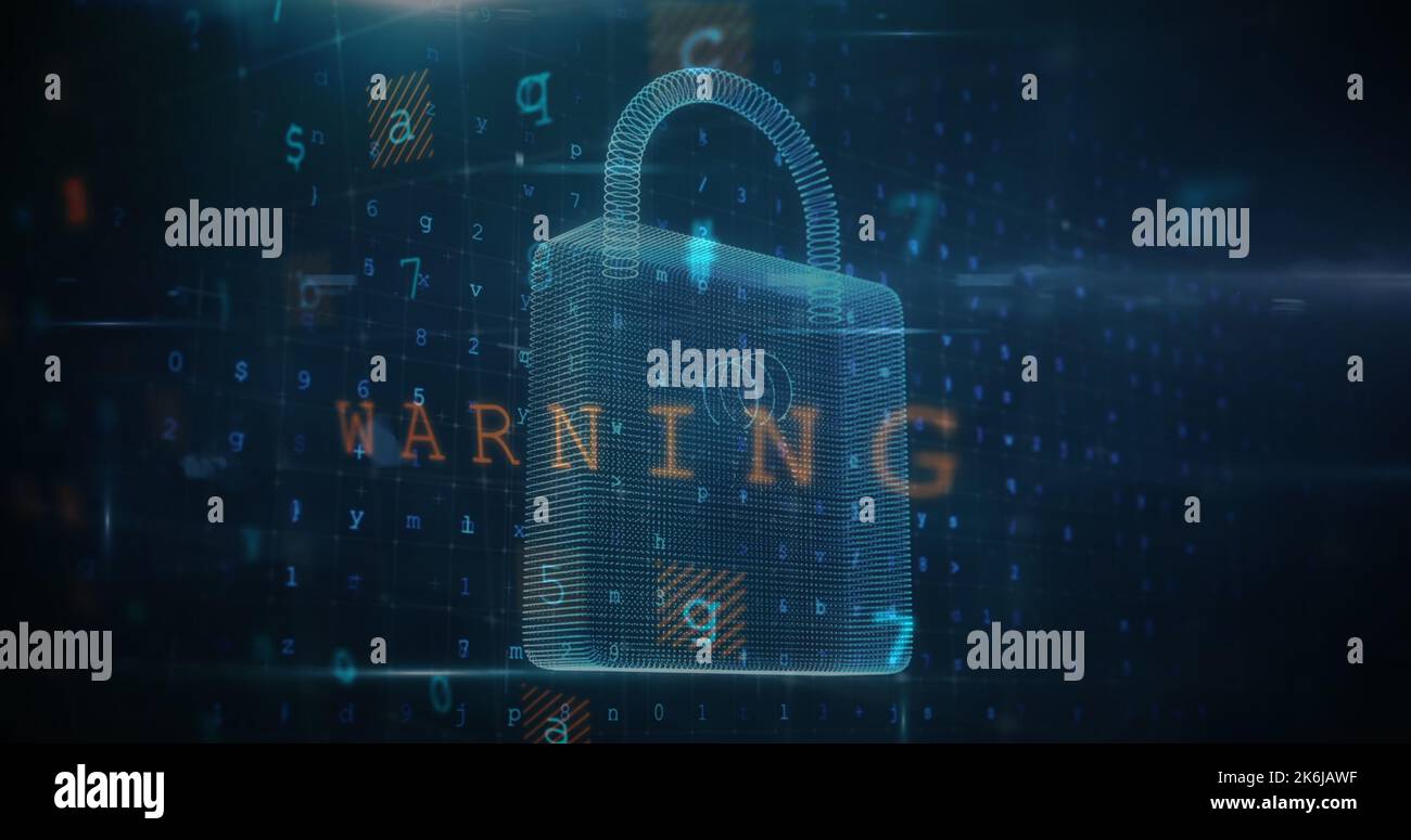 Illustration of warning text with padlock, multiple numbers and letters ...