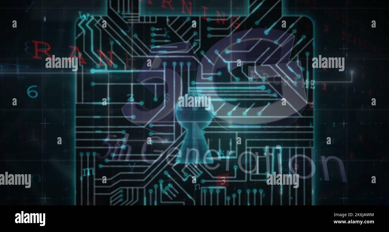 Illustration of 5g, 5th generation text, circuit board patterned padlock against digits and ...