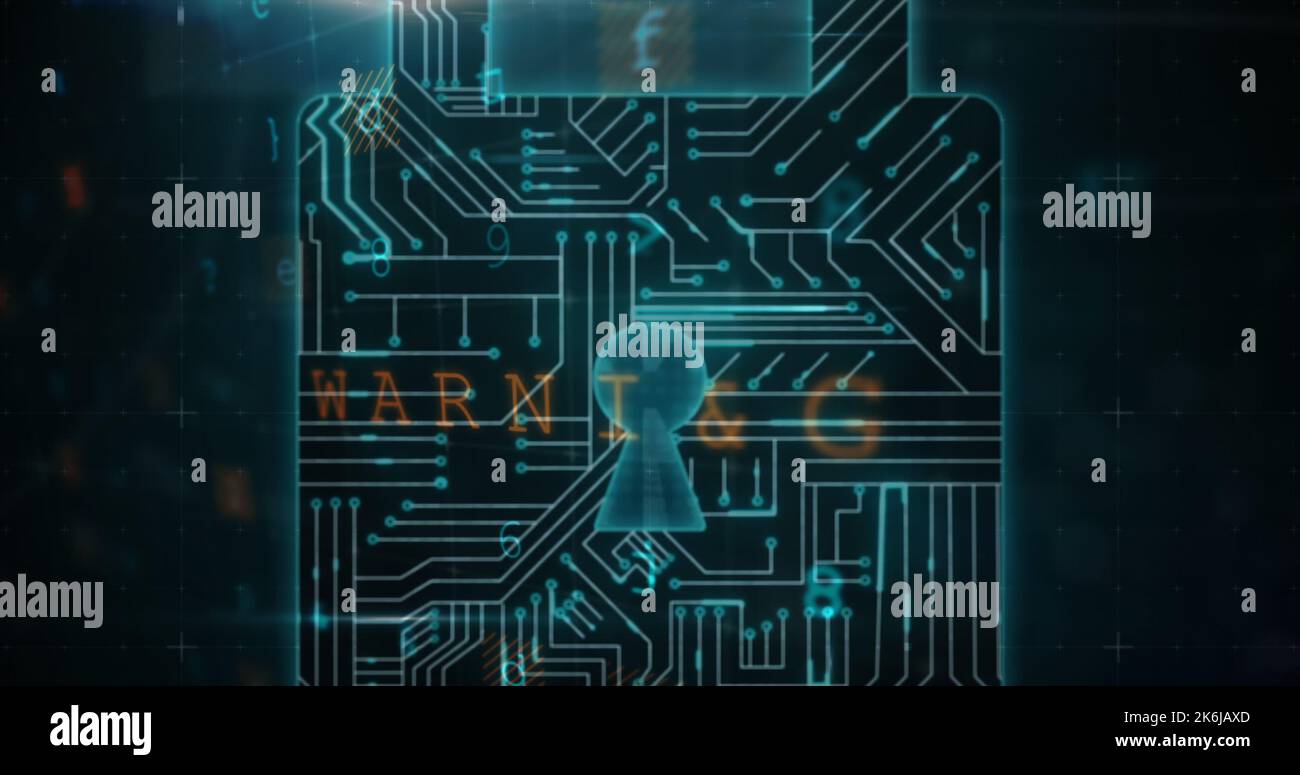Illustration of warning text over padlock with circuit board pattern against abstract background ...
