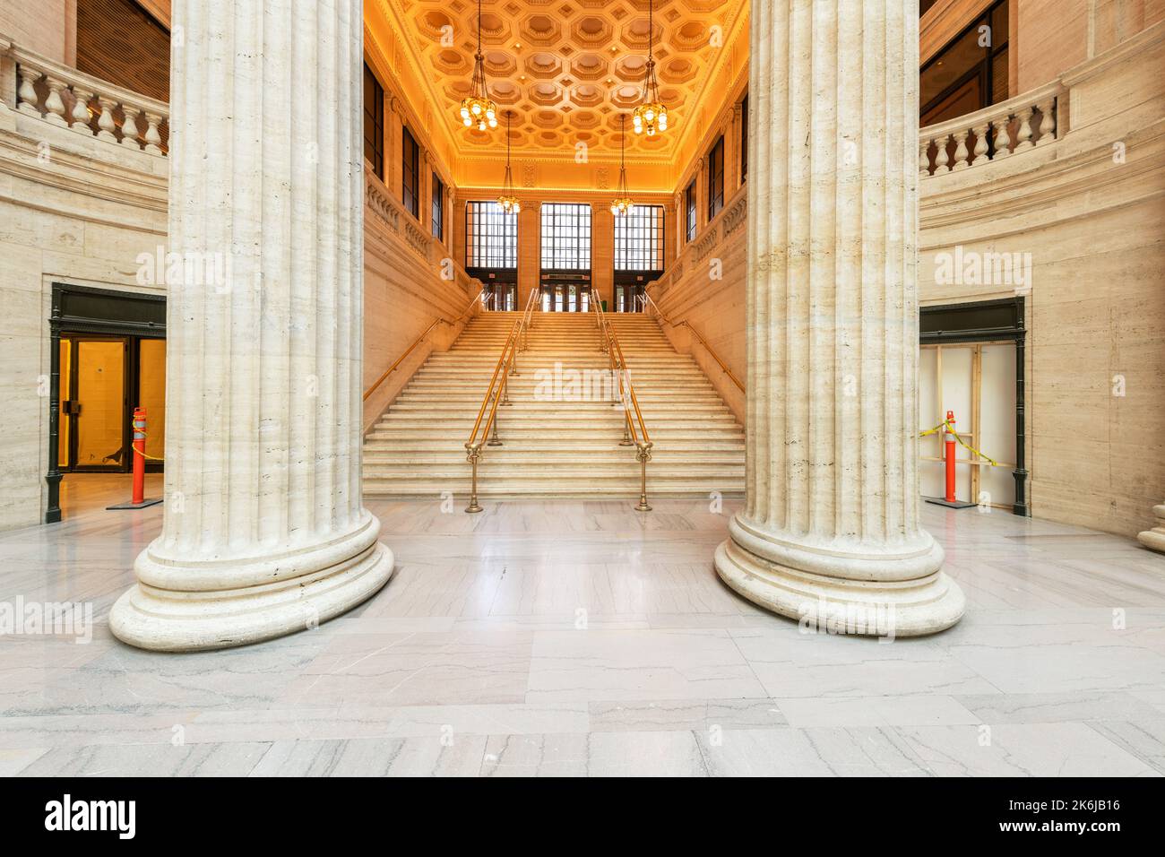 Famous entrance of train station of Chicago city with stairs and ...