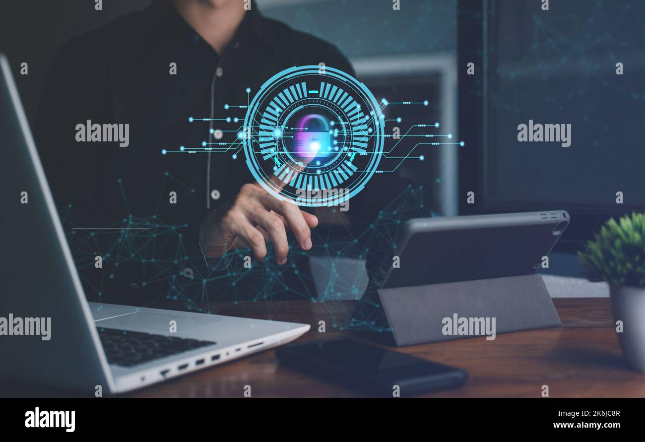 Man touching security scanning of digital programs via smartphone ...