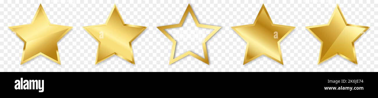 Five gold stars set. Vector illustration isolated on transparent ...