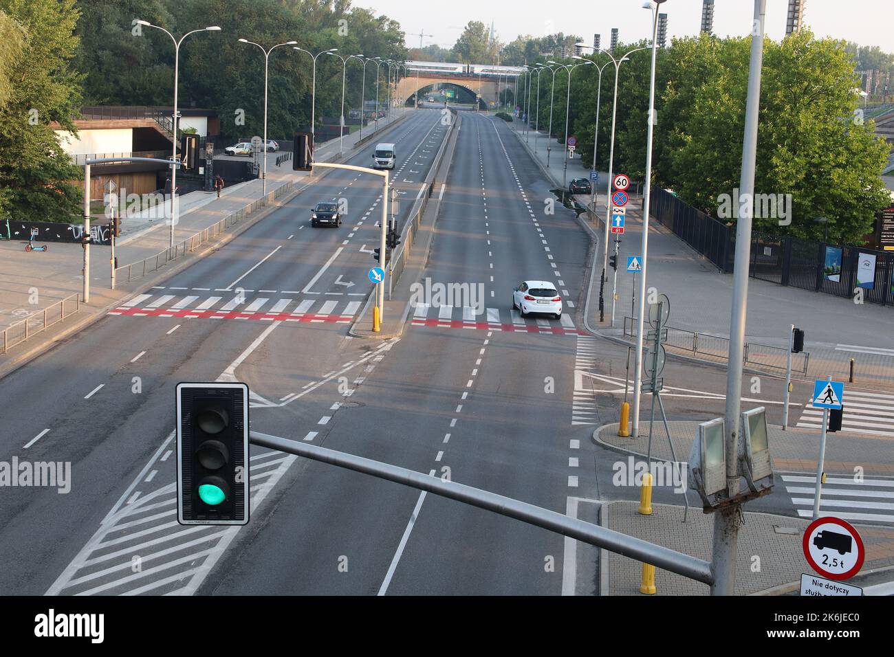 Warsaw, Poland - View of a highway with traffic lights, road markings ...