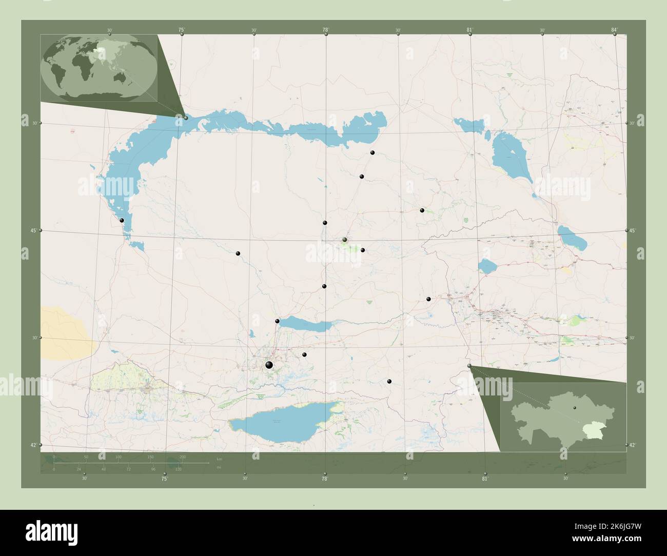 Almaty, region of Kazakhstan. Open Street Map. Locations of major ...