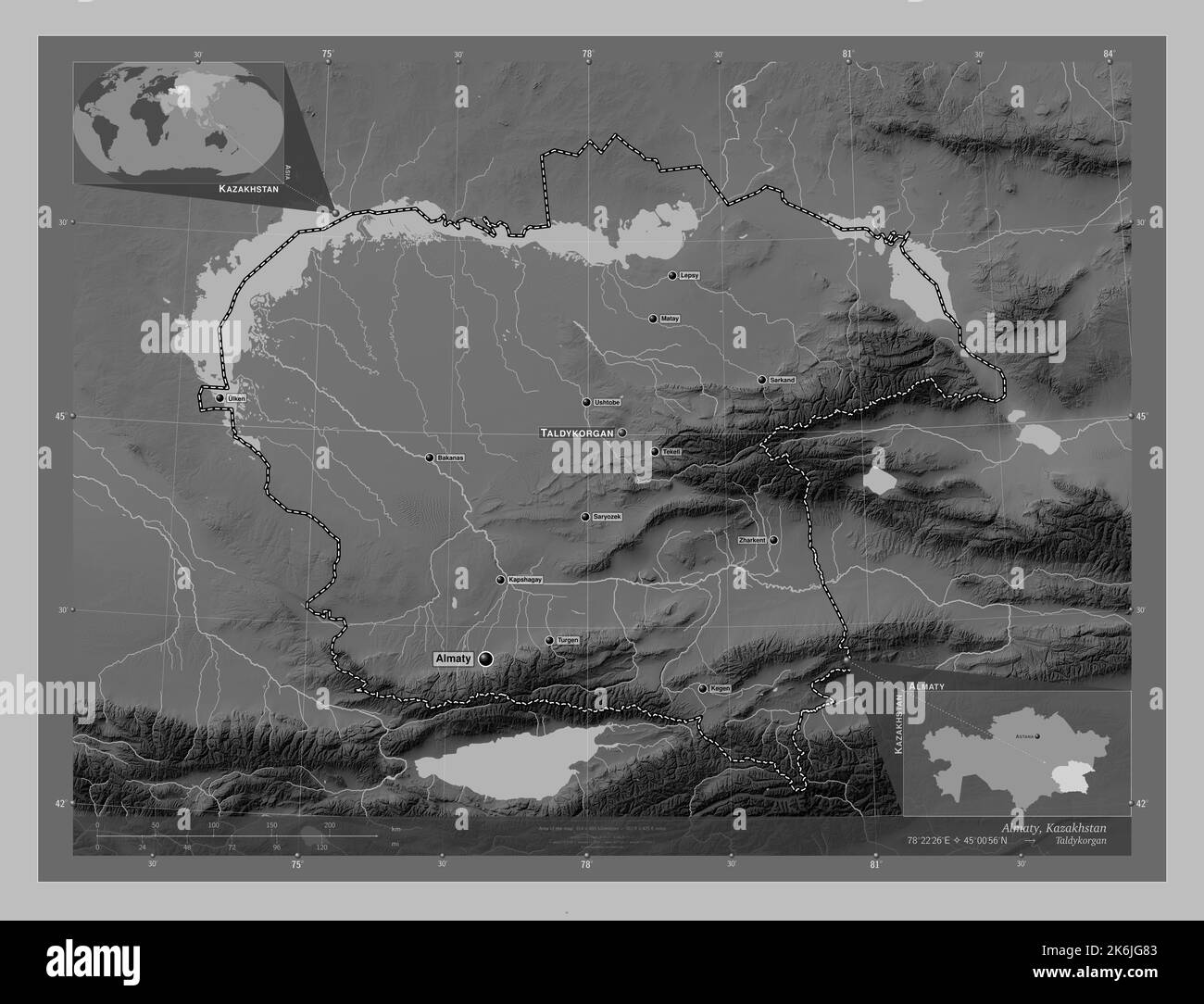 Almaty, region of Kazakhstan. Grayscale elevation map with lakes and ...