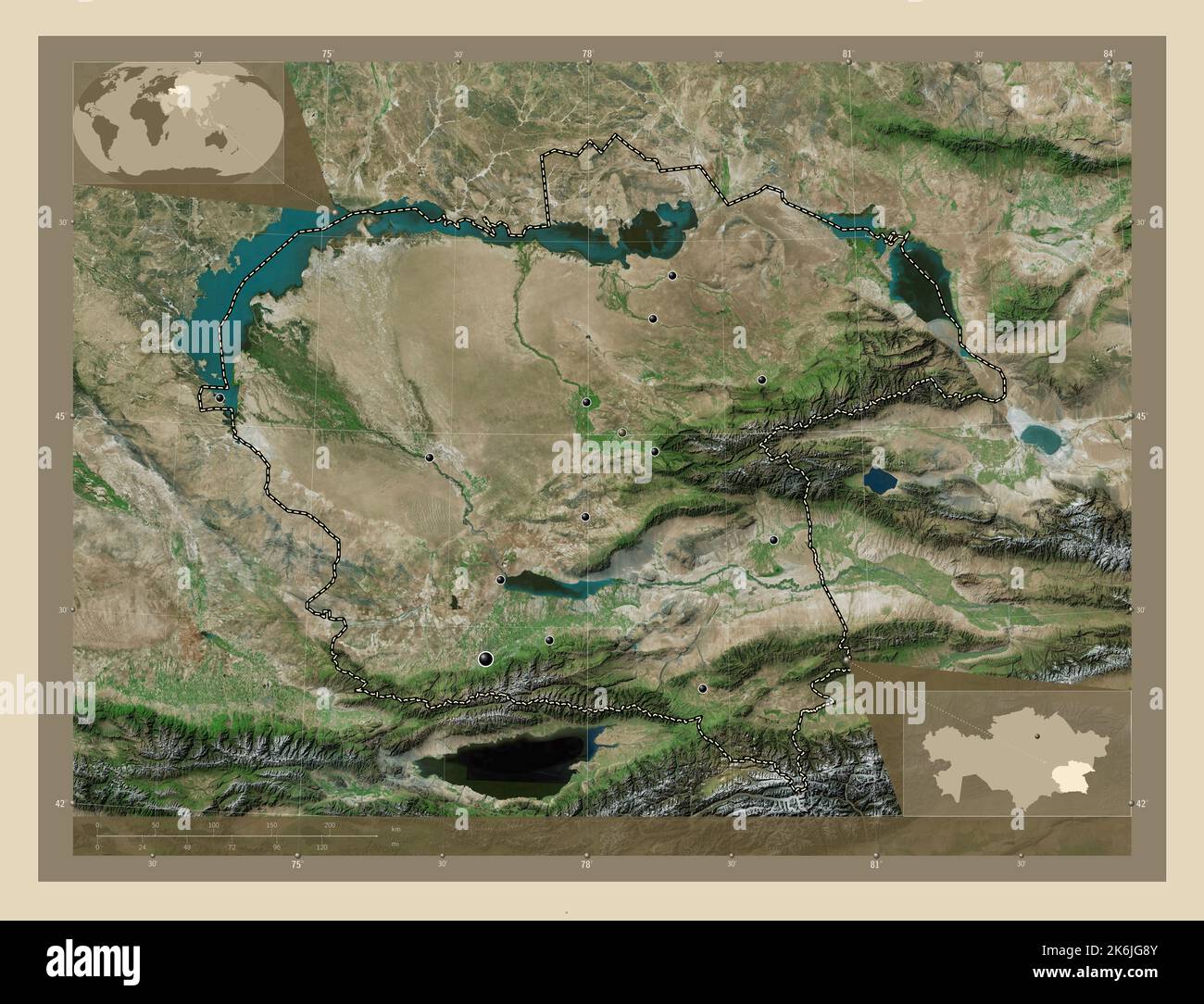 Almaty, region of Kazakhstan. High resolution satellite map. Locations ...