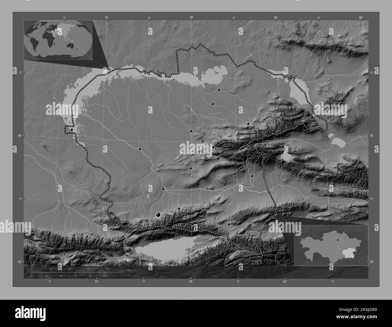 Almaty, region of Kazakhstan. Bilevel elevation map with lakes and ...