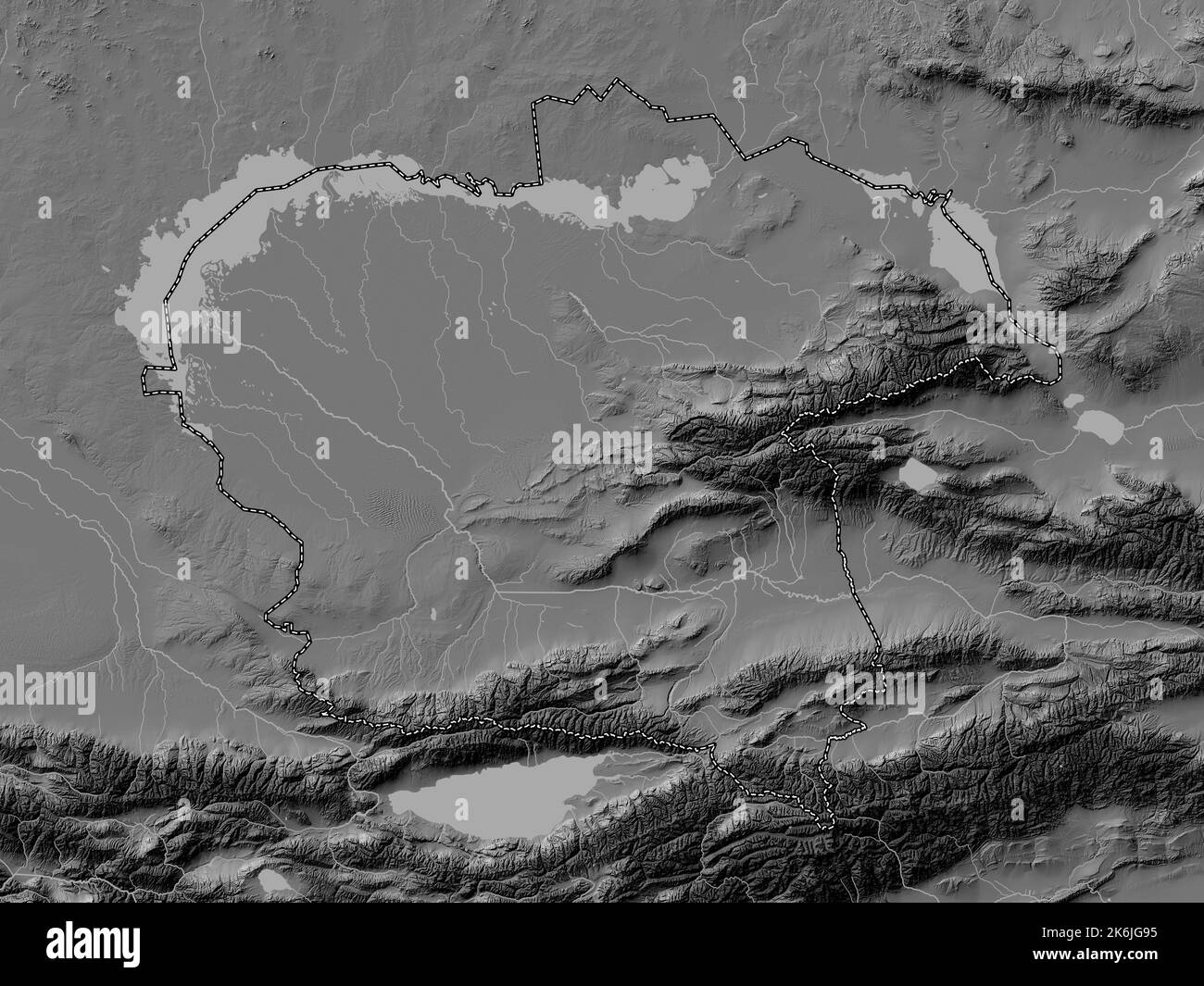 Almaty, region of Kazakhstan. Bilevel elevation map with lakes and ...