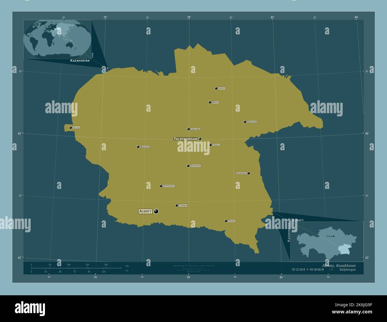 Almaty, region of Kazakhstan. Solid color shape. Locations and names of ...