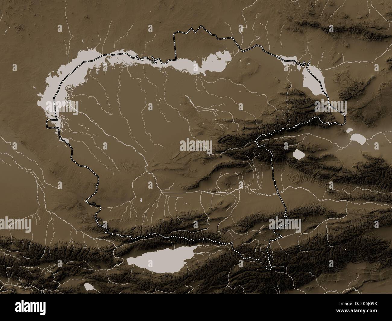 Almaty, region of Kazakhstan. Elevation map colored in sepia tones with ...
