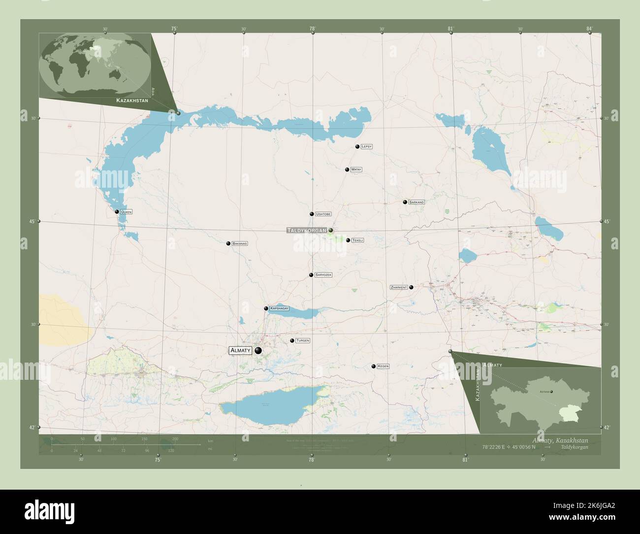 Almaty, region of Kazakhstan. Open Street Map. Locations and names of ...