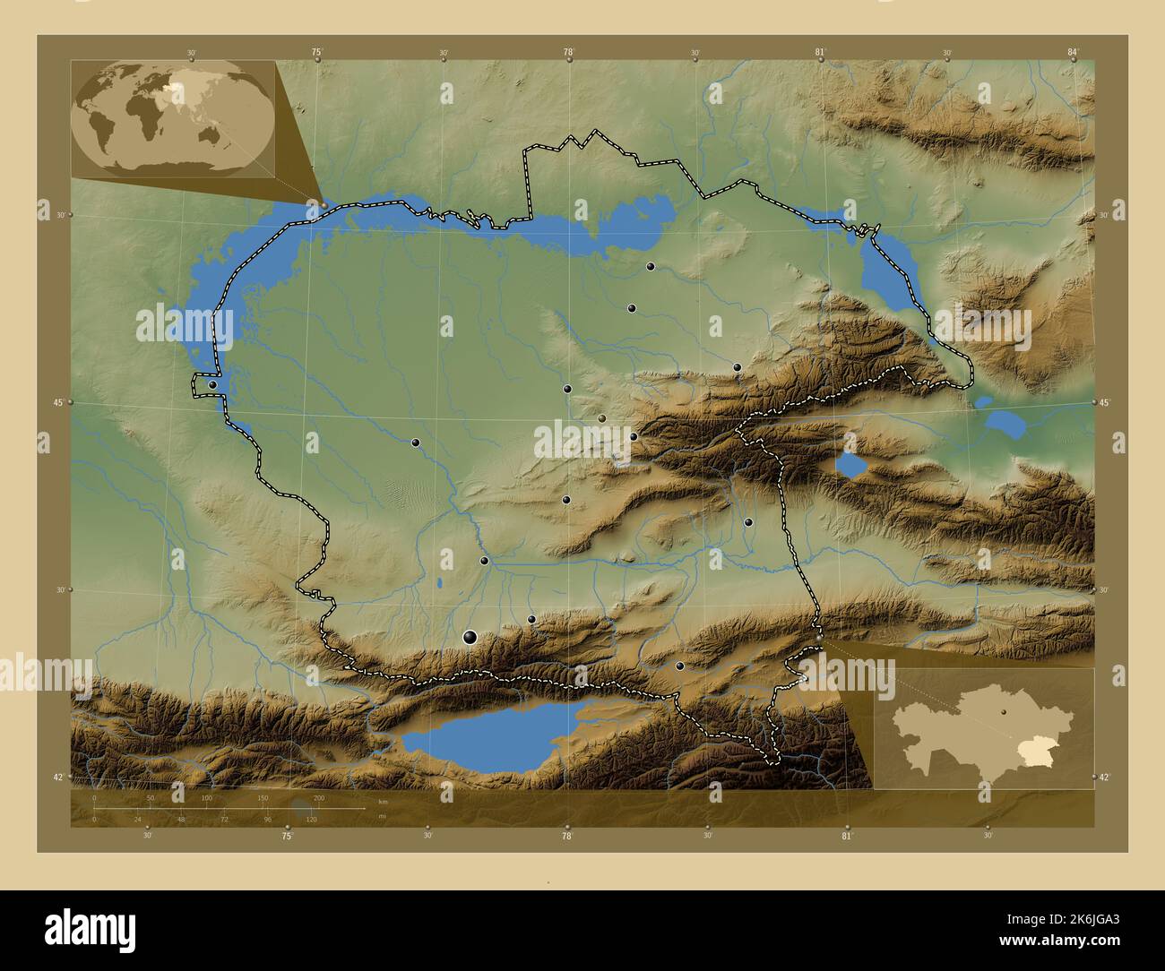 Almaty, region of Kazakhstan. Colored elevation map with lakes and ...