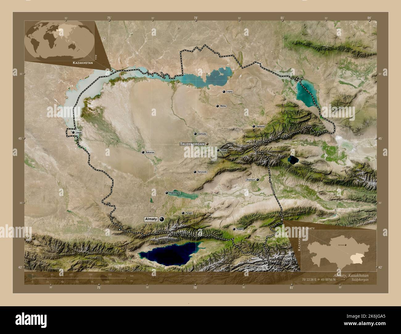 Almaty, region of Kazakhstan. Low resolution satellite map. Locations ...
