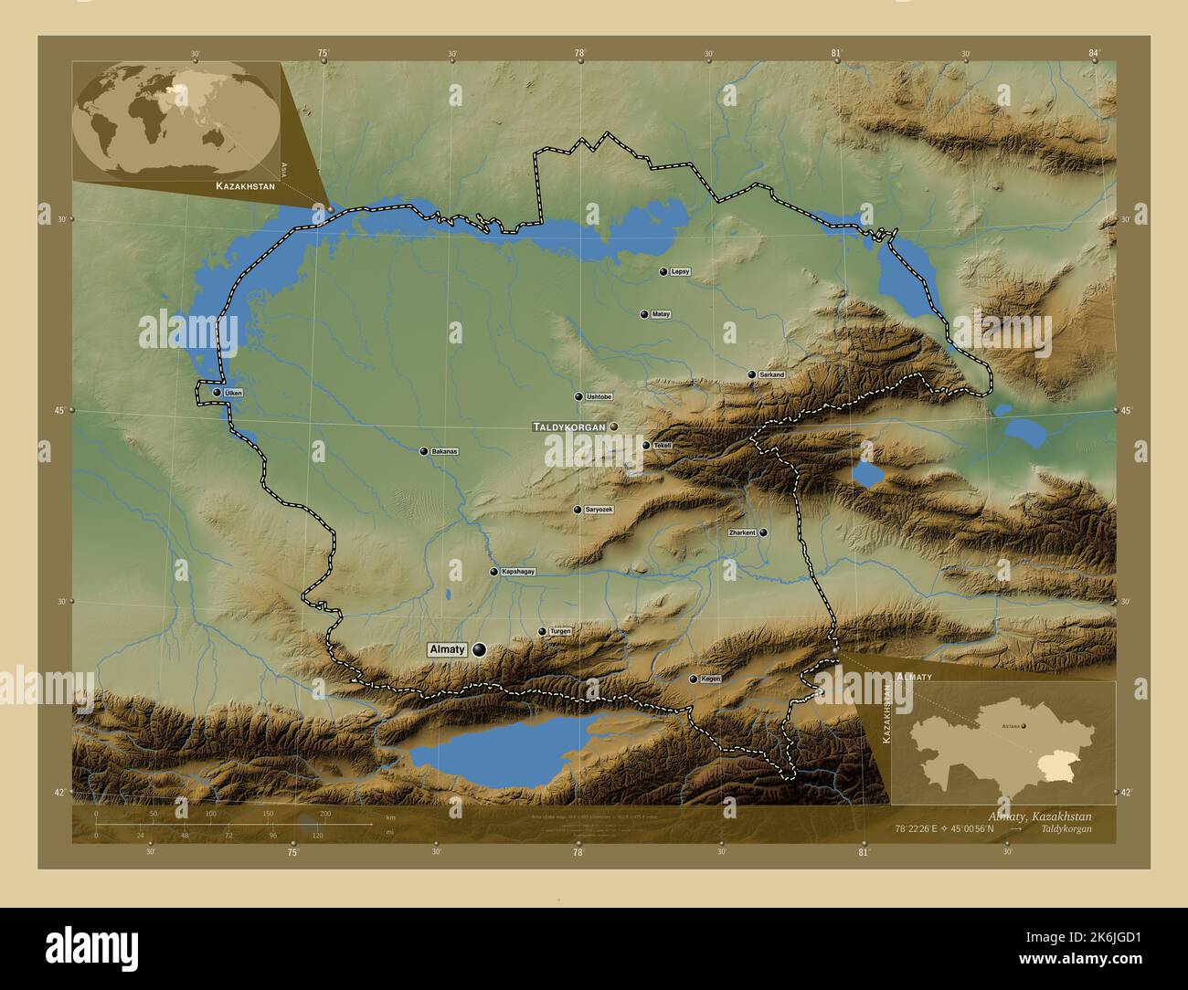Almaty, region of Kazakhstan. Colored elevation map with lakes and ...