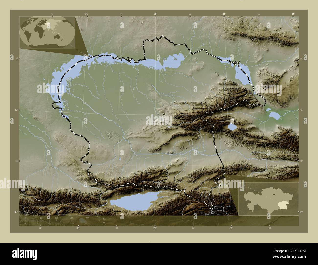 Almaty, region of Kazakhstan. Elevation map colored in wiki style with ...