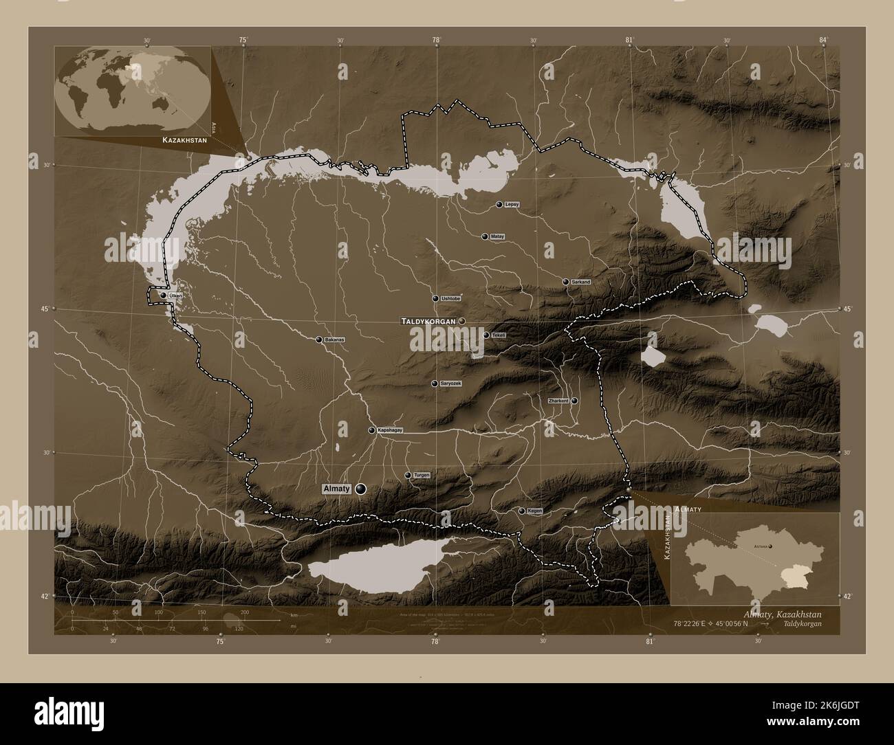 Almaty, region of Kazakhstan. Elevation map colored in sepia tones with ...